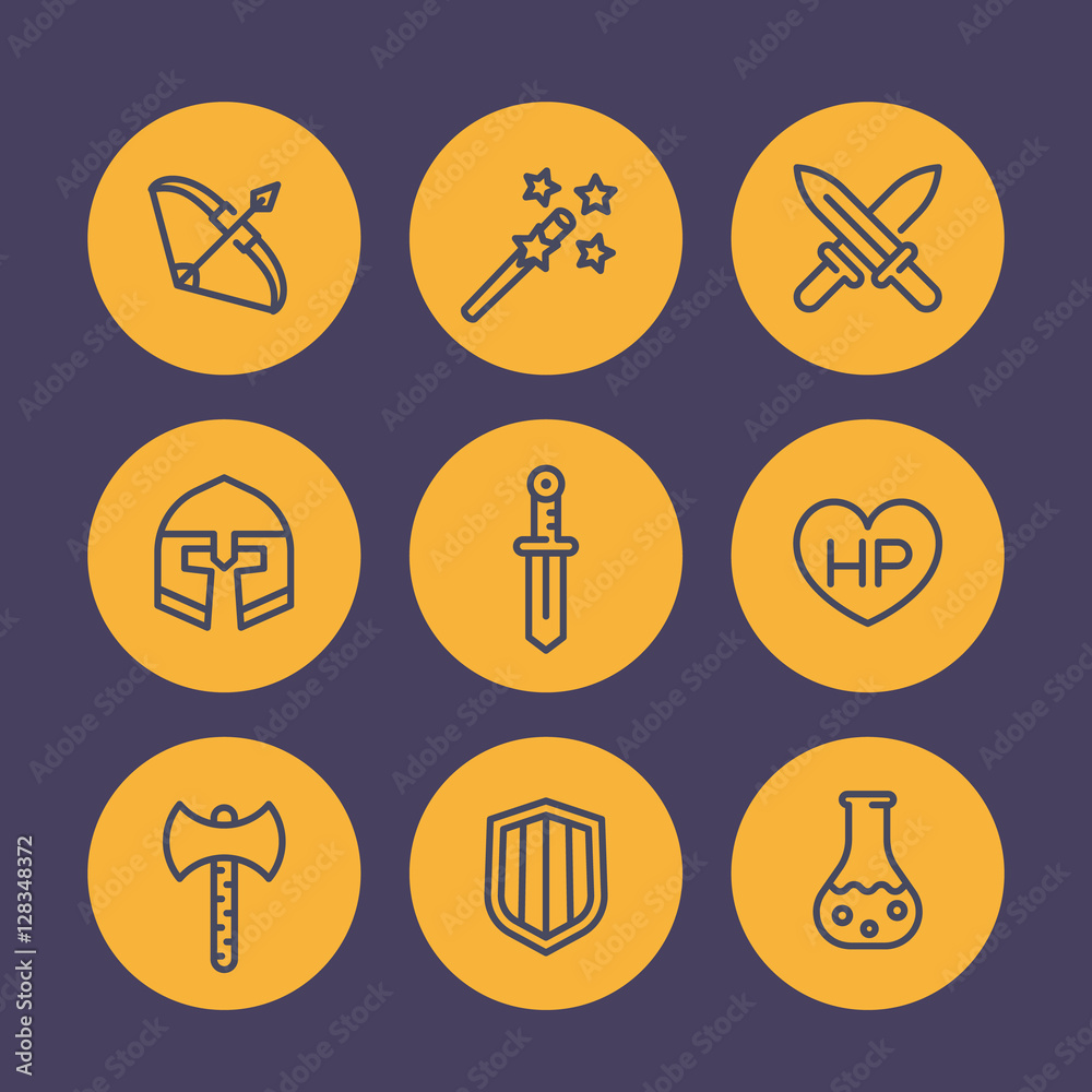Game line icons set, RPG, fantasy, magic wand, knight, bow, helmet ...