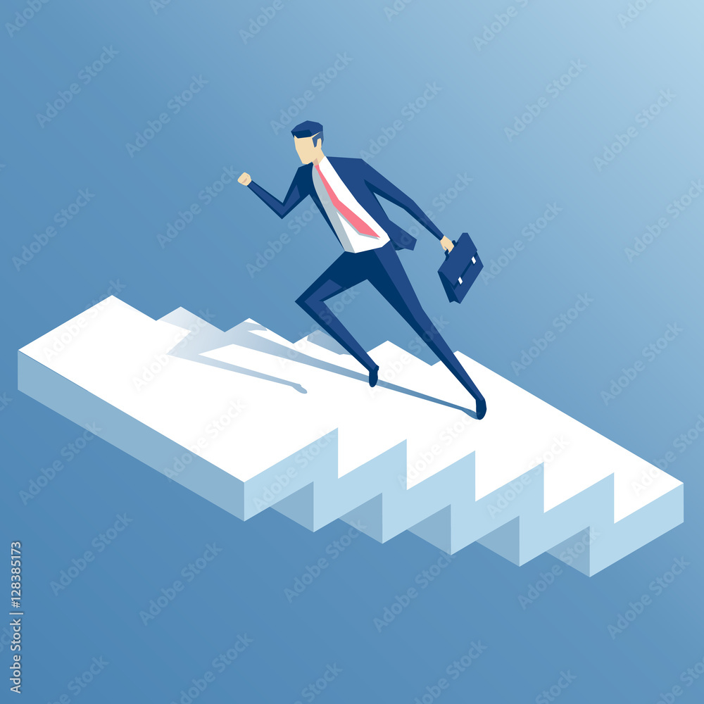 businessman run up the stairs isometric vector illustration, an ...