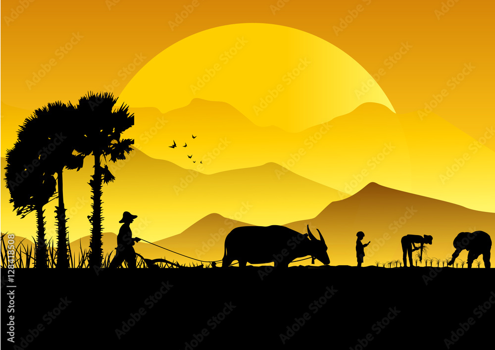 Silhouette of Asian farmer harrowing rice field, Stock Illustration ...