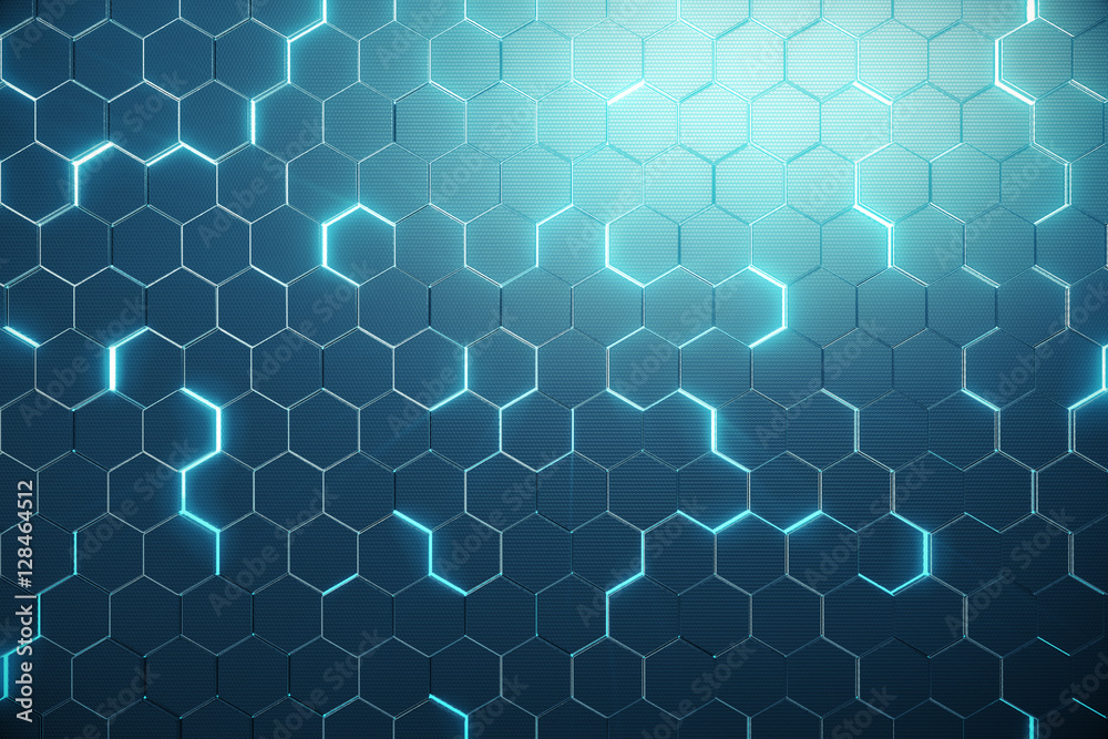 Abstract blue of futuristic surface hexagon pattern with light rays. 3D ...