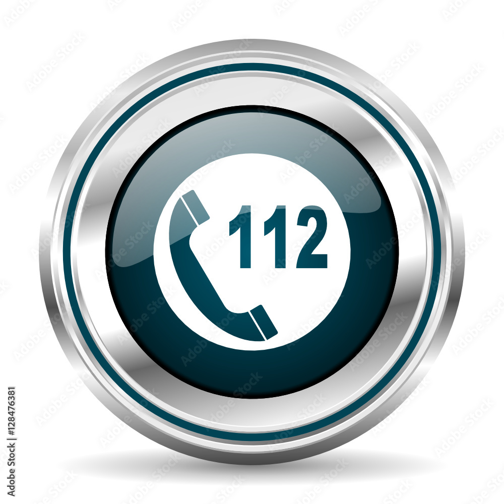 112 emergency call vector icon. Chrome border round web button. Silver ...