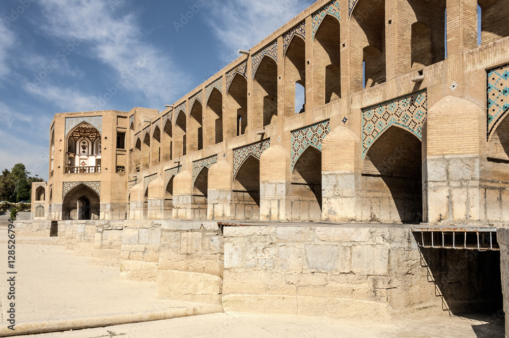 Iran, Isfahan, Pol-e Khaju: Side view of the Khajoo Bridge with dry ...
