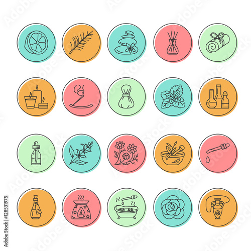 Modern vector line icons of aromatherapy and essential oils. Elements ...