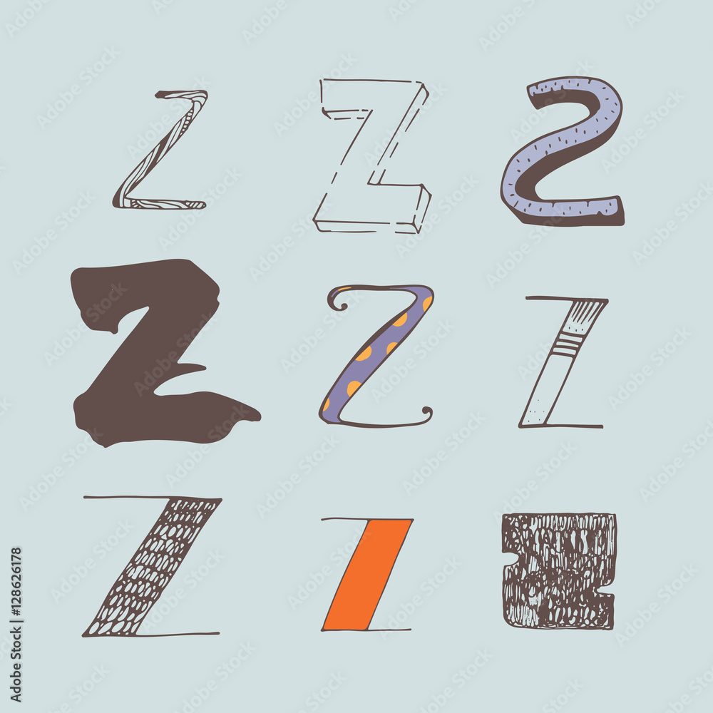 Vector set of colorful alphabet letters Z, isolated on light blue ...