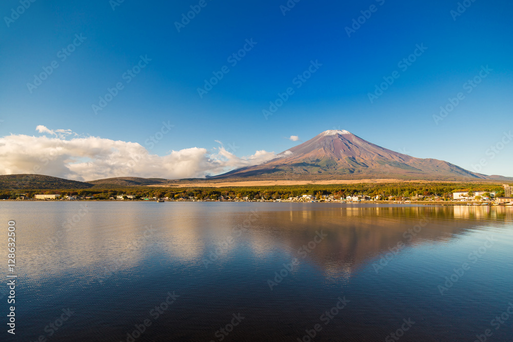 The Mount Fuji of the first snow cap.Foreground is an inverted image of ...