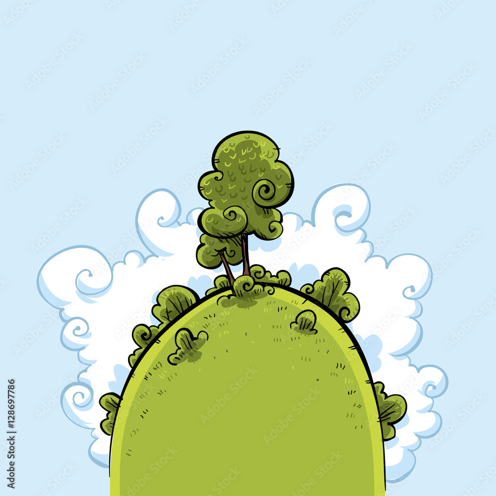 Lush, green cartoon trees at the top of a hill with a bright blue sky ...