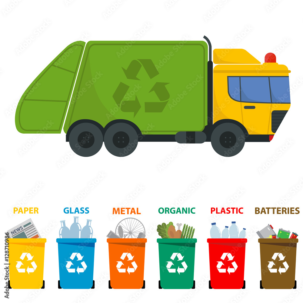 Different colored recycle waste bins and garbage truck vector ...