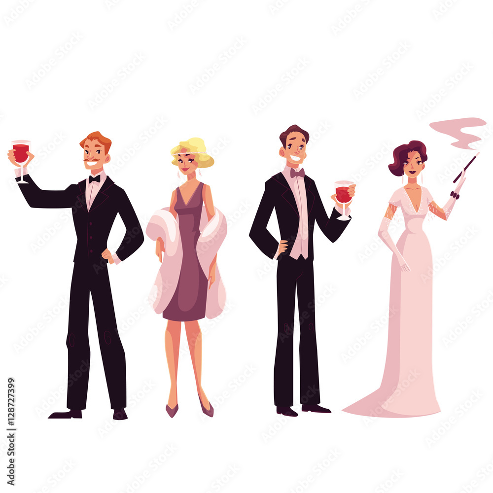 People in 1920s style cocktail dresses at vintage party, cartoon vector ...