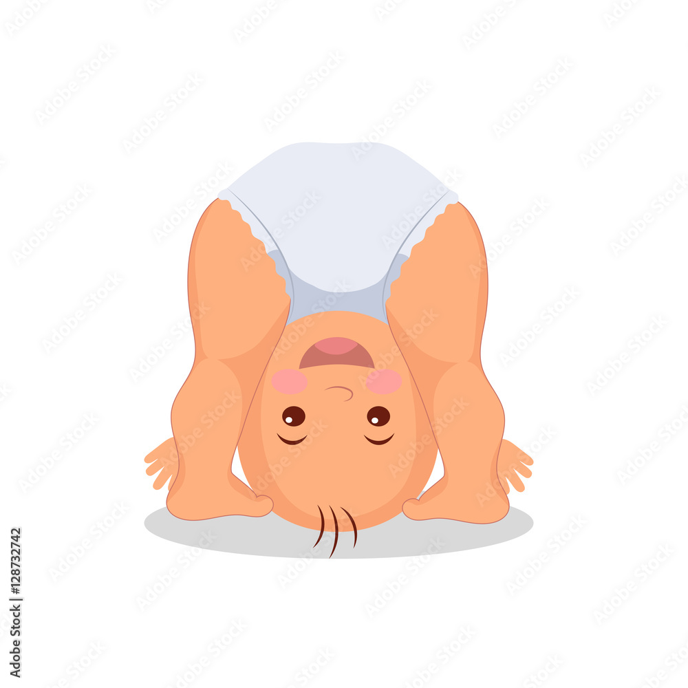 Baby playing standing on his head. Little child playing upside down ...