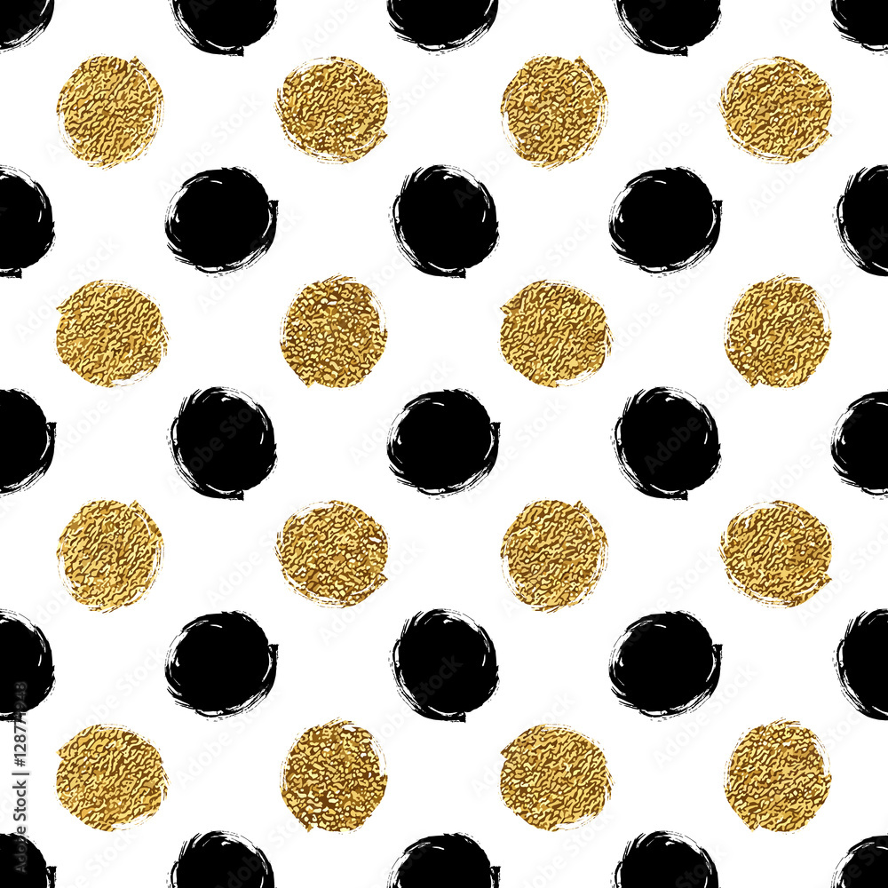 Seamless pattern of gold glitter and black polka dots, hand painted ...