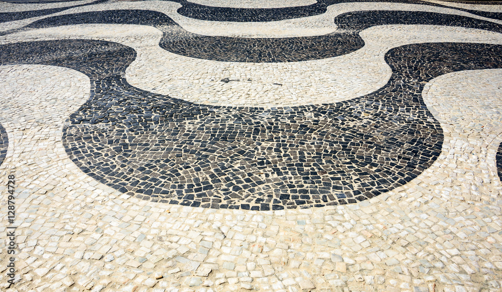 Black and white iconic mosaic, Portuguese pavement by old design ...