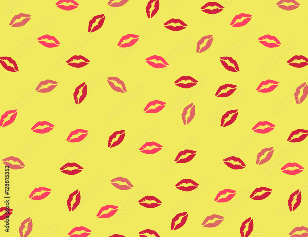 Lips kiss pattern on yellow background | modern female lipstick ...