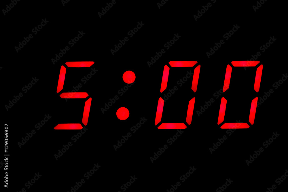 Digital clock showing 5:00 o'clock Stock Photo | Adobe Stock