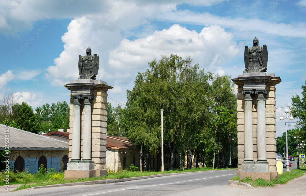 Smolensk gates, Gatchina, Russia. Armor with helmet, shield and sword ...