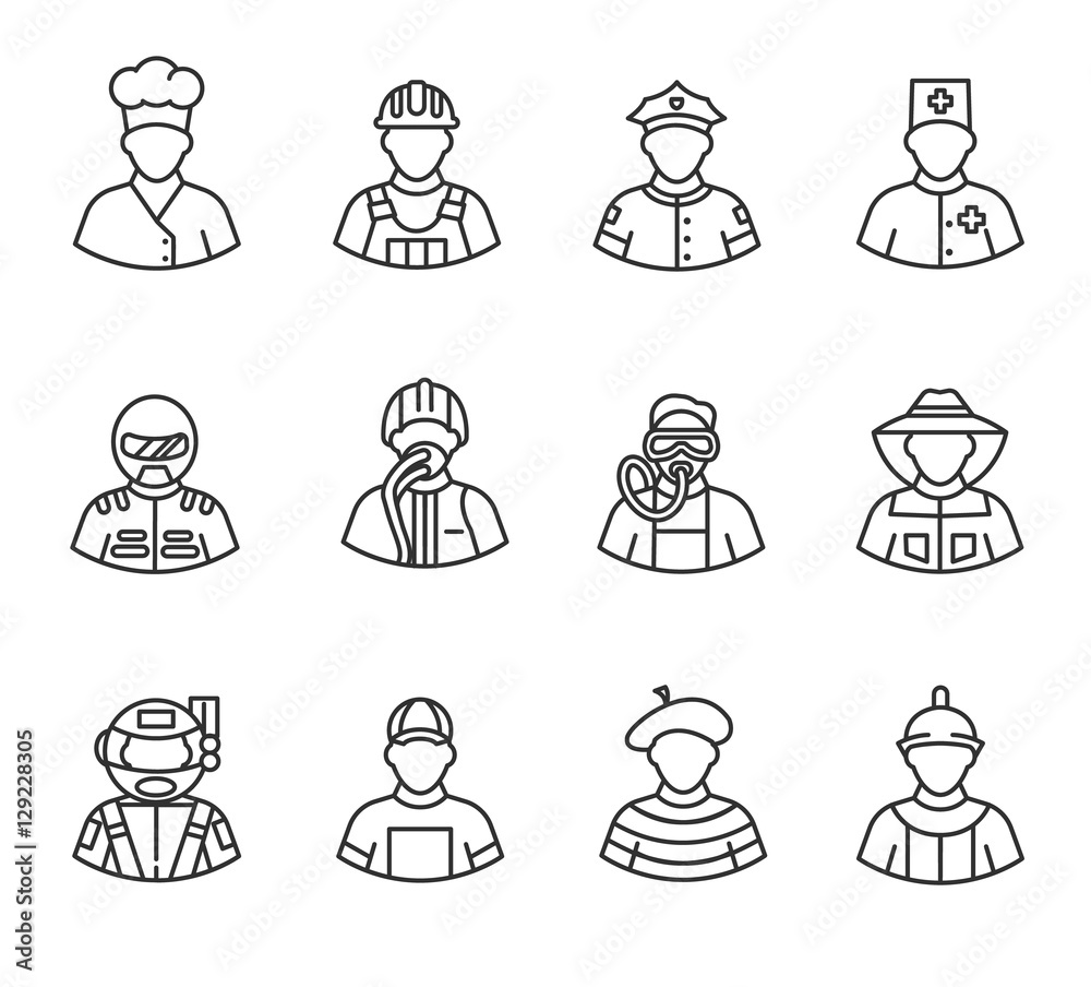 Professions icons set. People of various professions, thin line design ...