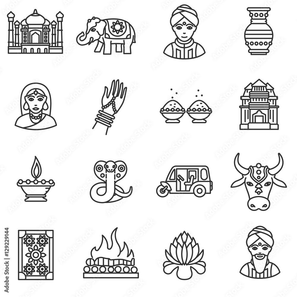 India icons set. Indian attractions, thin line design. Tourism in India ...