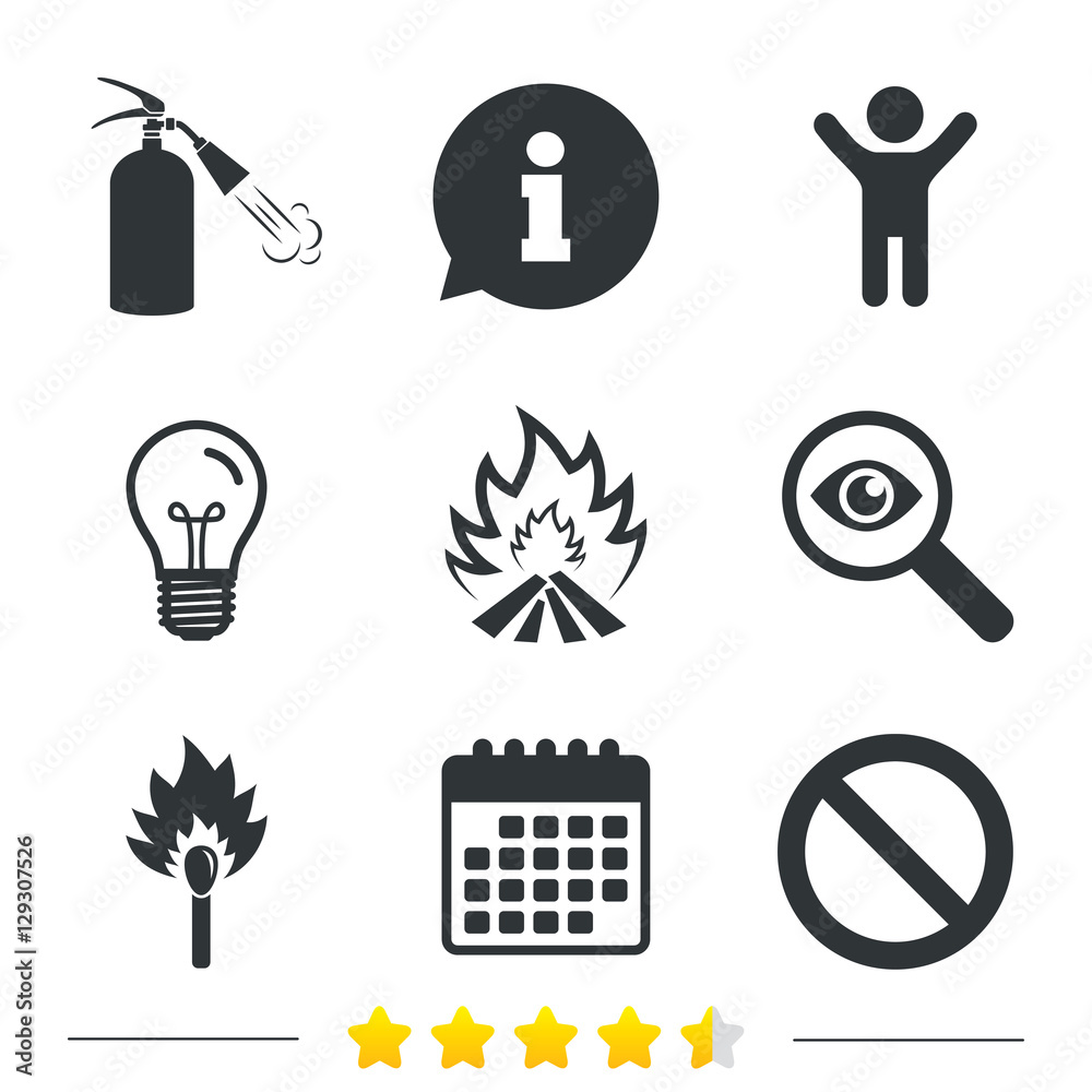 Fire flame icons. Fire extinguisher sign. Prohibition stop symbol ...
