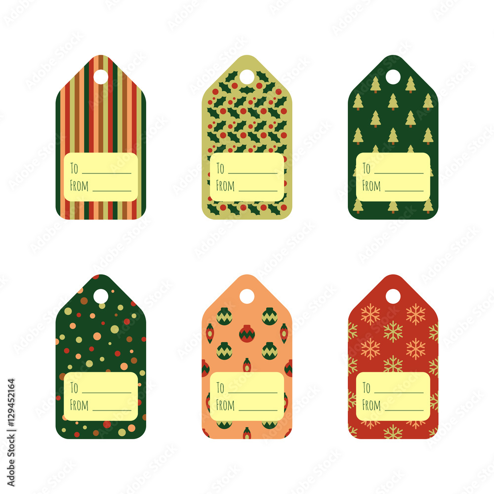Set of bright Christmas gift tags in traditional colors. Holiday gift ...
