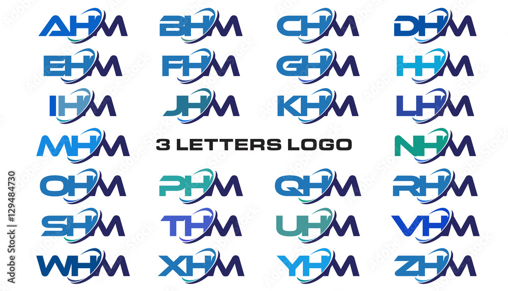 3 letters modern generic swoosh logo AHM, BHM, CHM, DHM, EHM, FHM, GHM ...