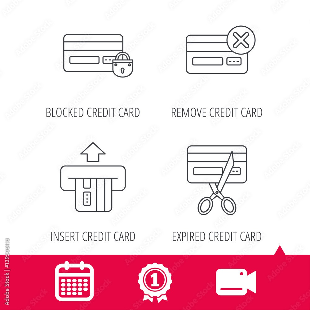 Achievement and video cam signs. Bank credit card icons. Banking ...