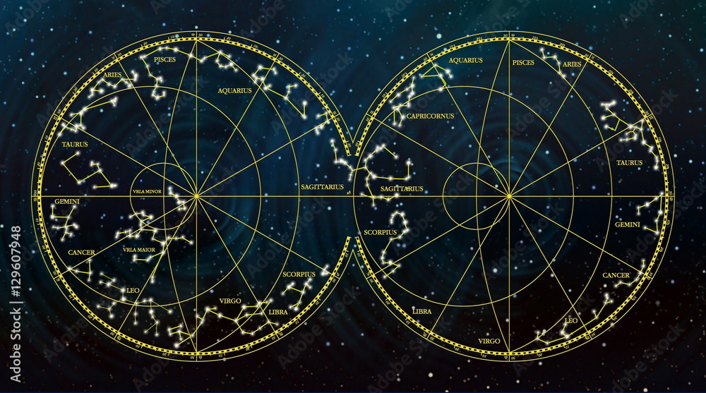 sky map depicting constellations and zodiac signs. Stock Photo | Adobe ...