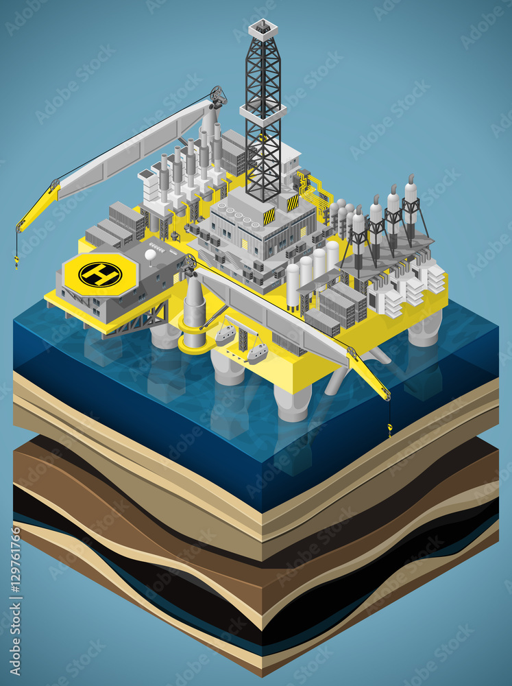 Vector isometric illustration of offshore oil platform, large structure ...