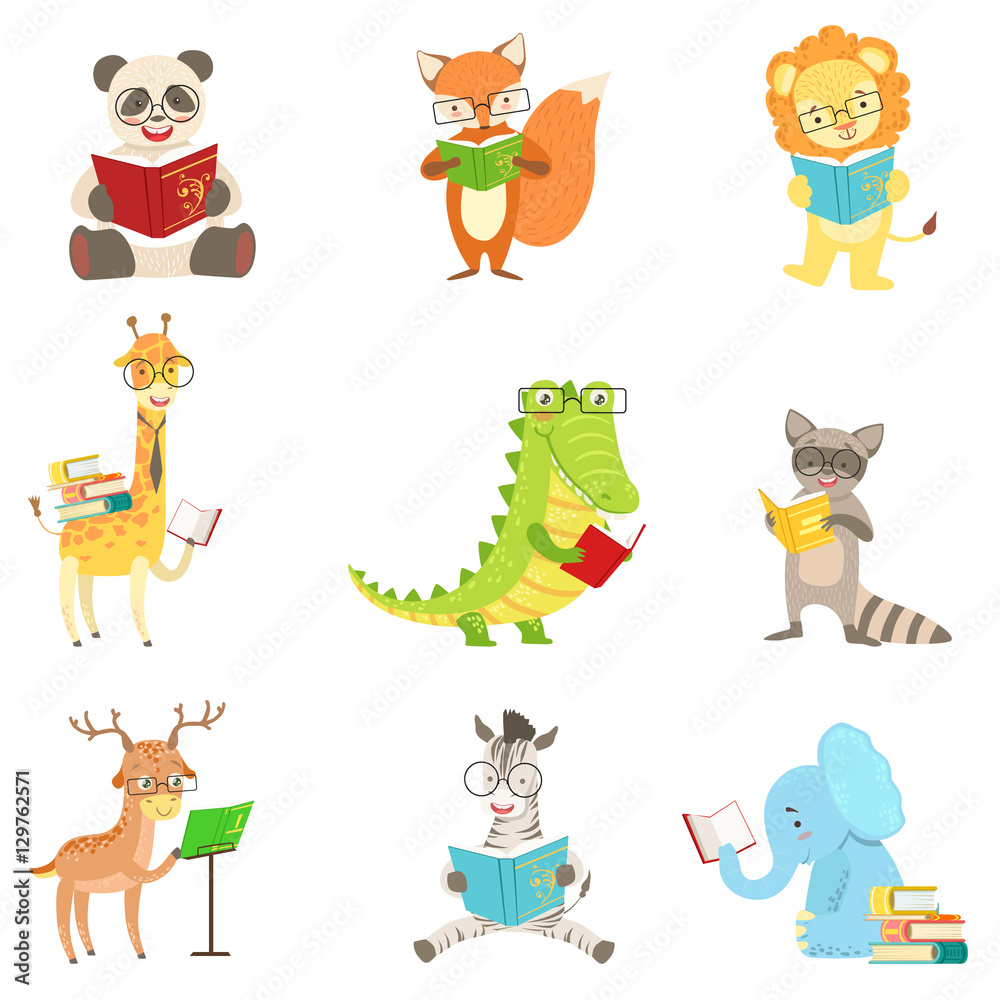 Cute Animal Characters Reading Books Set Stock Vector | Adobe Stock