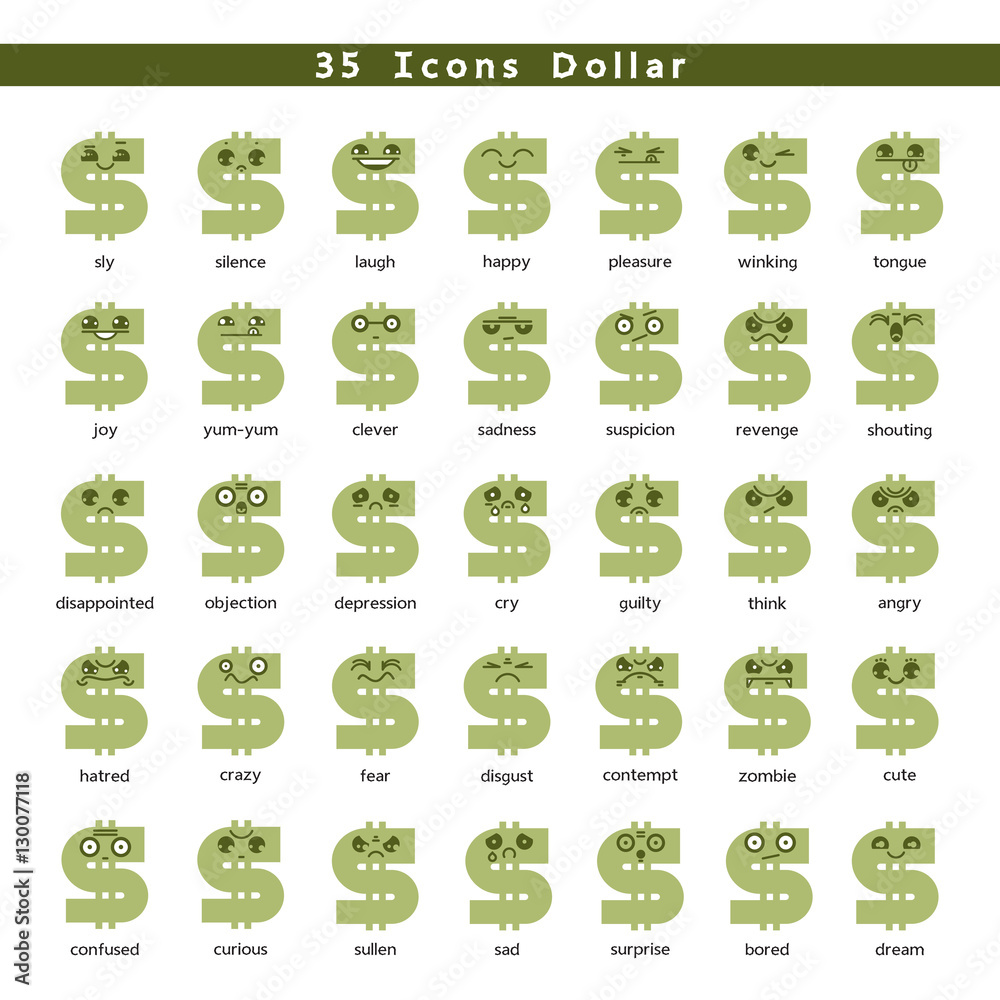 Dollar sign, vector icon set. 35 funny cartoon characters. Simple green ...