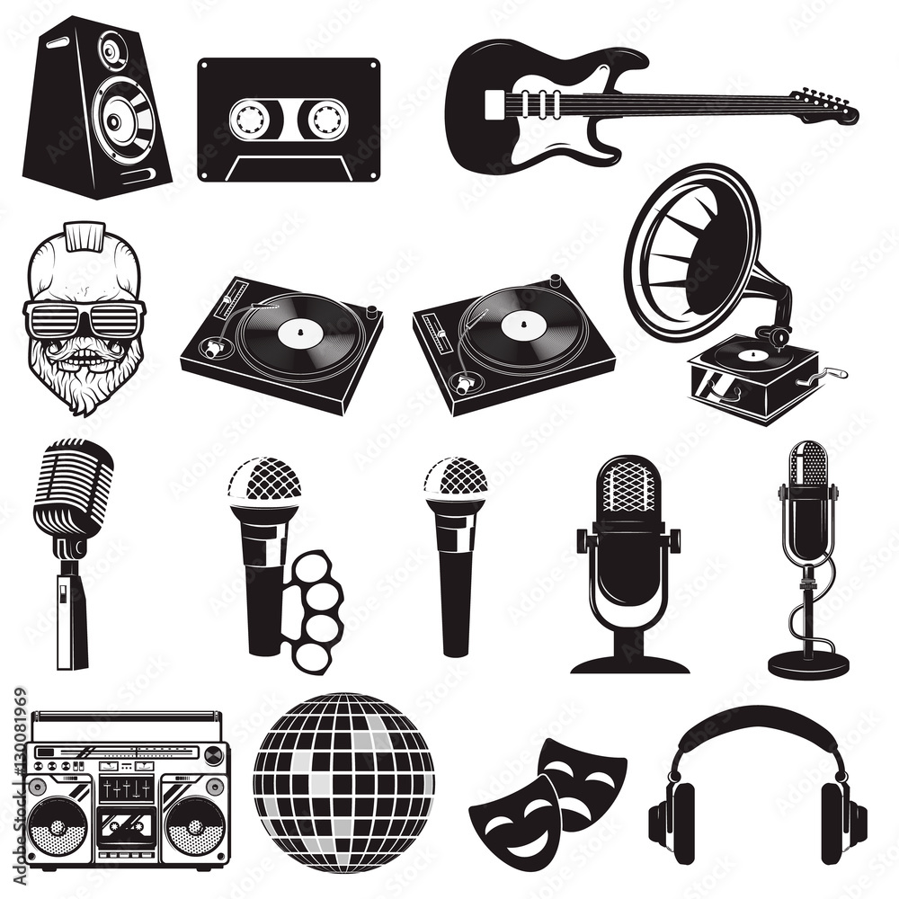 Set of retro party elements. Music instruments isolated on white ...