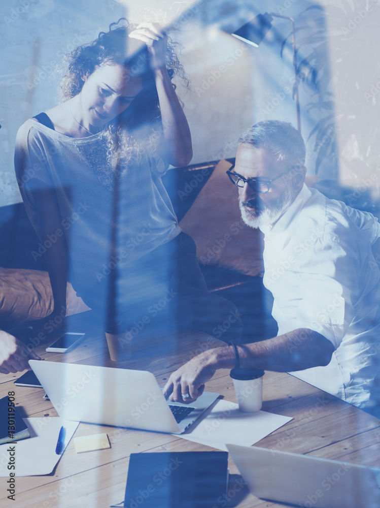 Concept double exposure.Young of team startup project making great ...