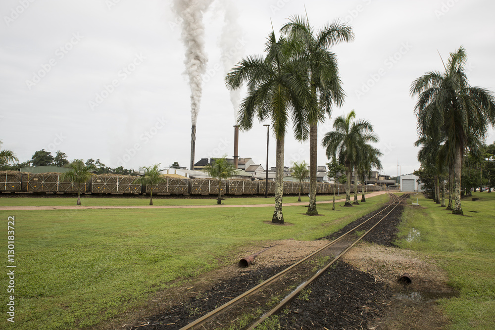 Sugar mill in operation at Tully, Far North Queensland, showing tram ...