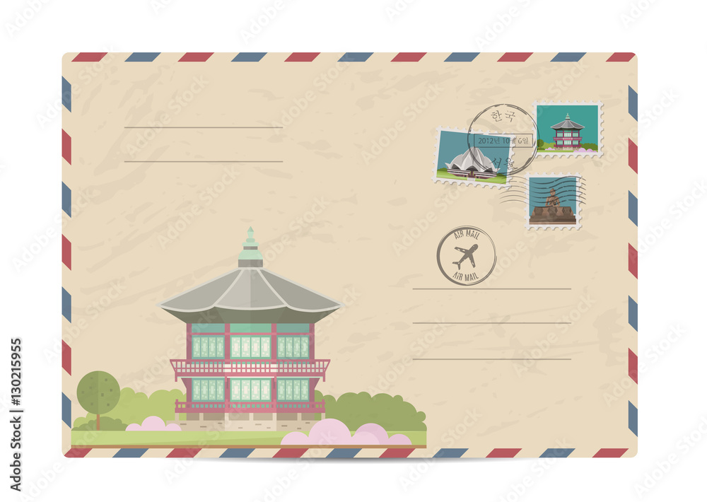 Japanese ancient temple. Pagoda tower. Postal envelope with famous ...