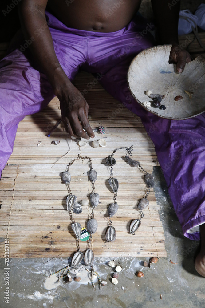 Rosary made of cowries used in divination in the house of the Fa in ...