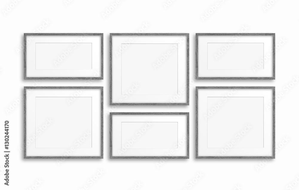 Collage of six blank photo frames, interiors mock up Stock Photo ...