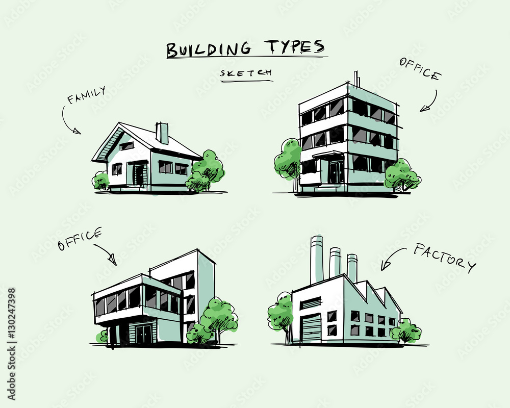 Set of Four Buildings Types Hand Drawn Cartoon Illustration Stock ...