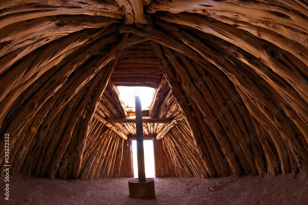 Interior of Navajo hogan, traditional dwelling and ceremonial structure ...