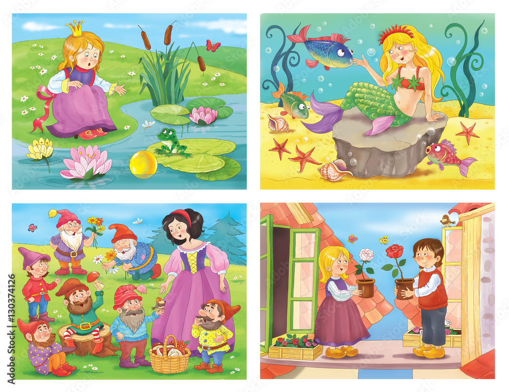 Collection of fairy tale illustrations. The frog prince. Mermaid. The ...