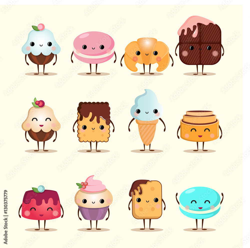 Vetor Funny foods sweet dessert face icon emoji. Funny wafer, laughing ...