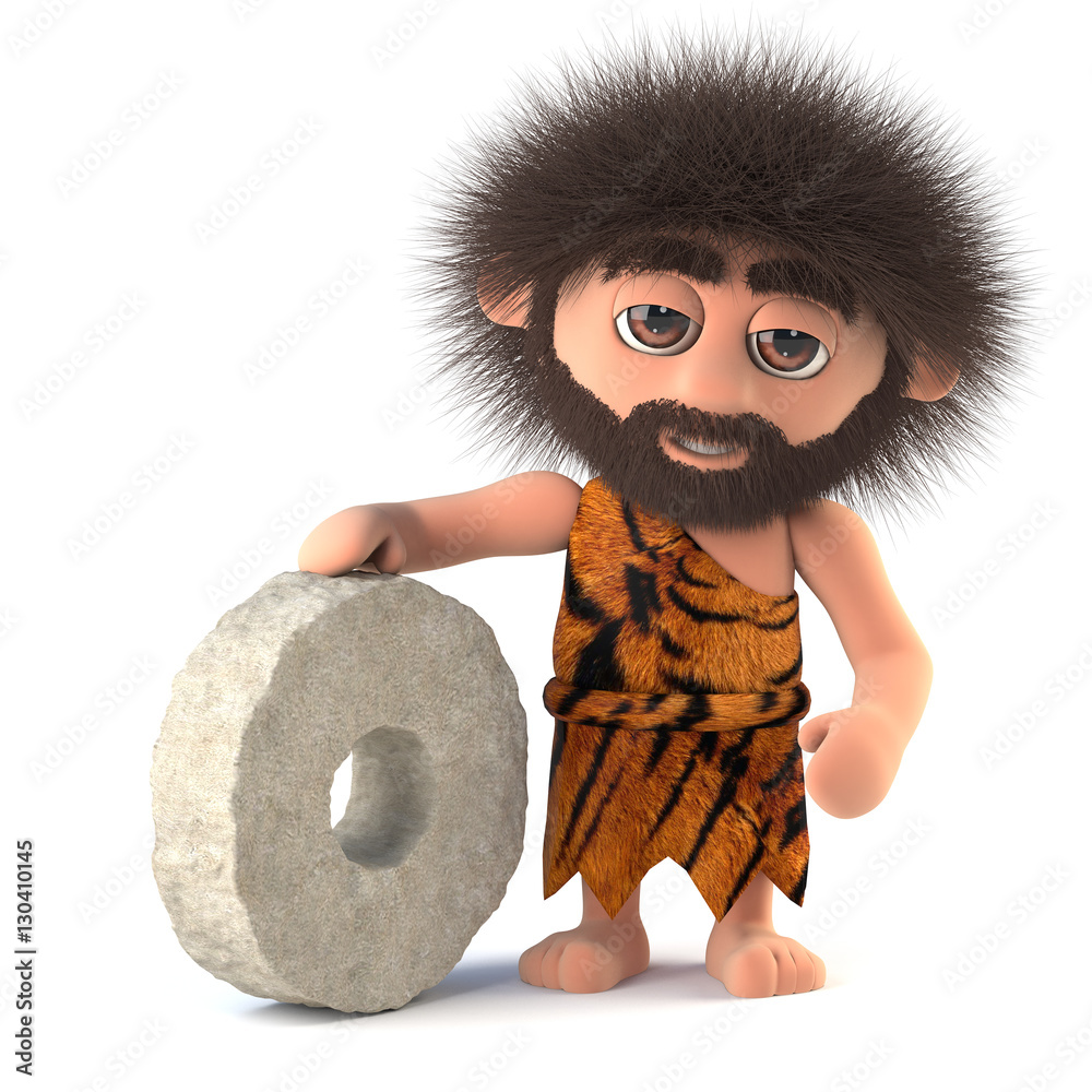 3d Funny caveman invents the wheel Stock Illustration | Adobe Stock