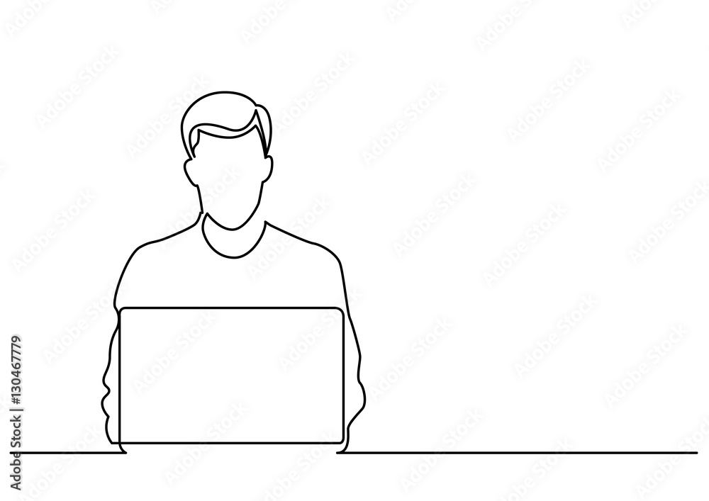 continuous line drawing of man sitting behind laptop computer Stock ...