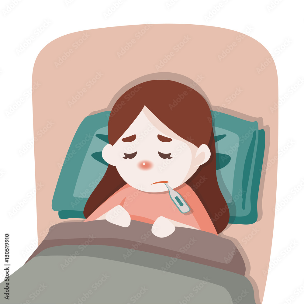 Sick child girl lying in bed with a thermometer in mouth and feel so ...