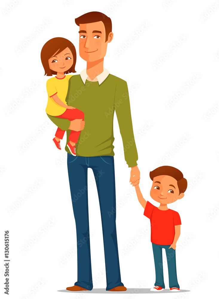 cartoon illustration of a young father with two children Stock Vector ...
