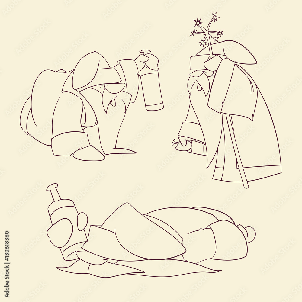 Line drawing vector illustration of a Drunk Cartoon Russian Santa ...