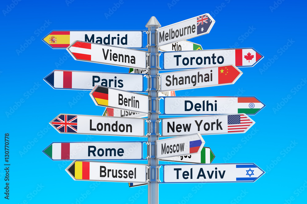 signpost with names of cities, 3D rendering Stock Illustration | Adobe ...