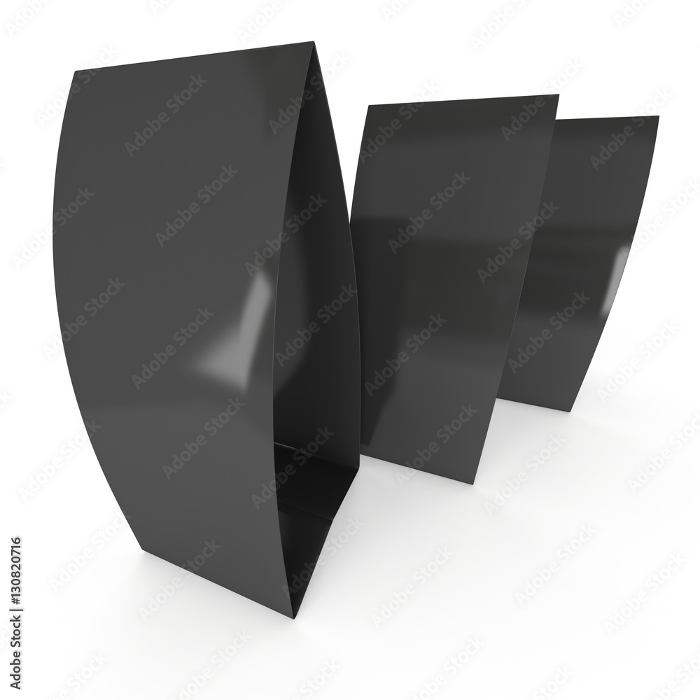 Three black paper tent cards. 3d render illustration isolated. Table ...