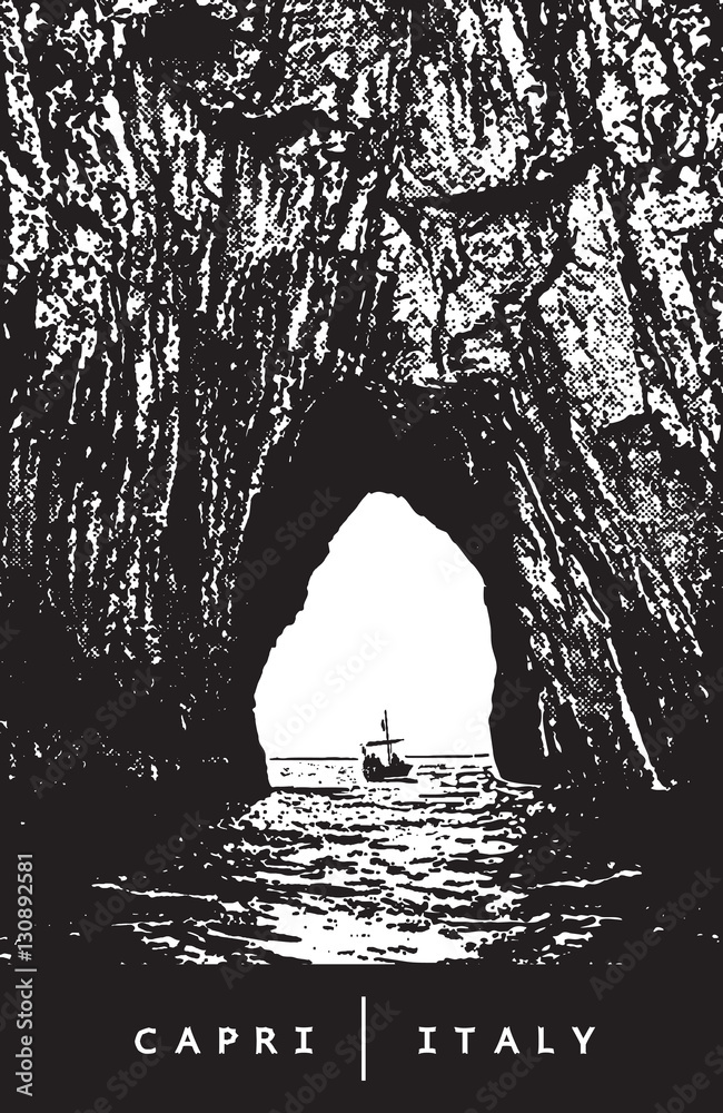 Capri, Italy. Vector image of the famous coastal rocks Faraglioni, arch ...