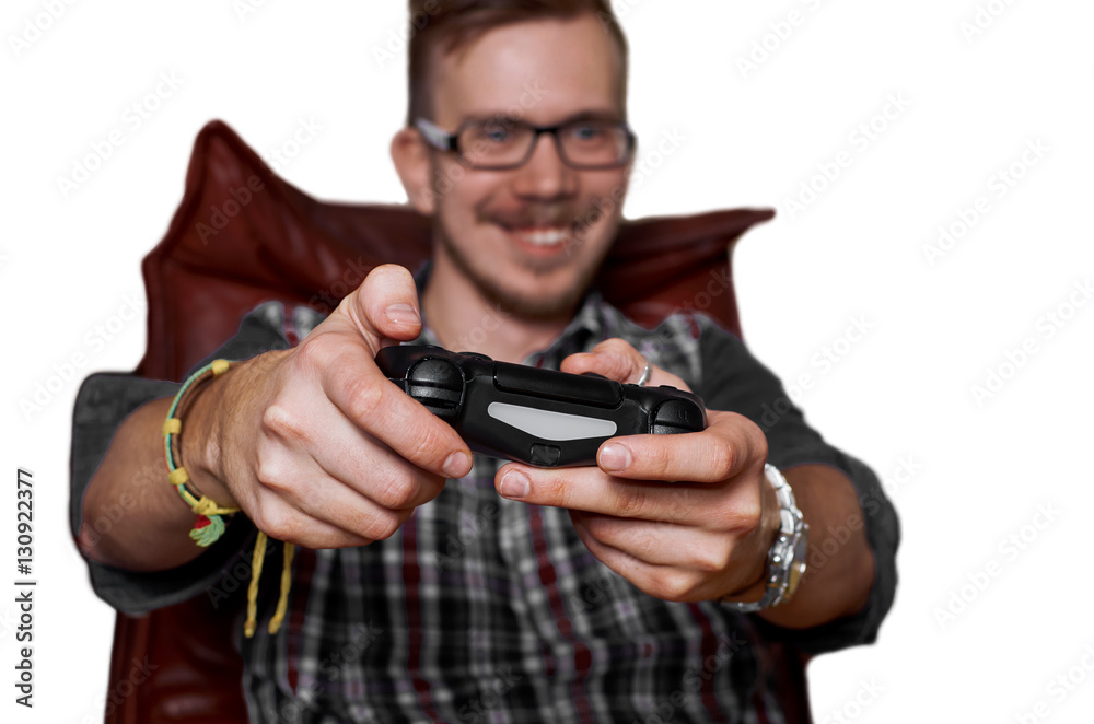 25 years old gamer play console on chair isolated on white background ...