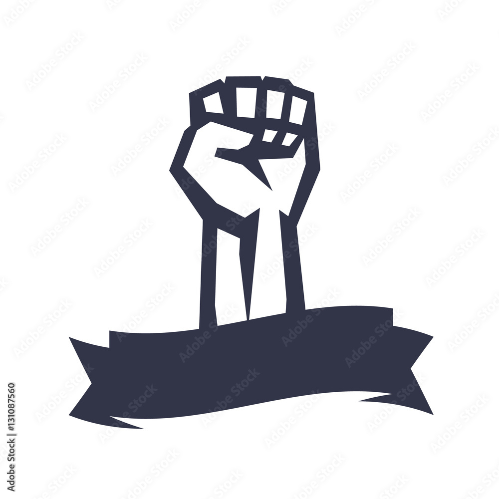 Rebel, revolt symbol, fist held high in protest, raised hand over white ...