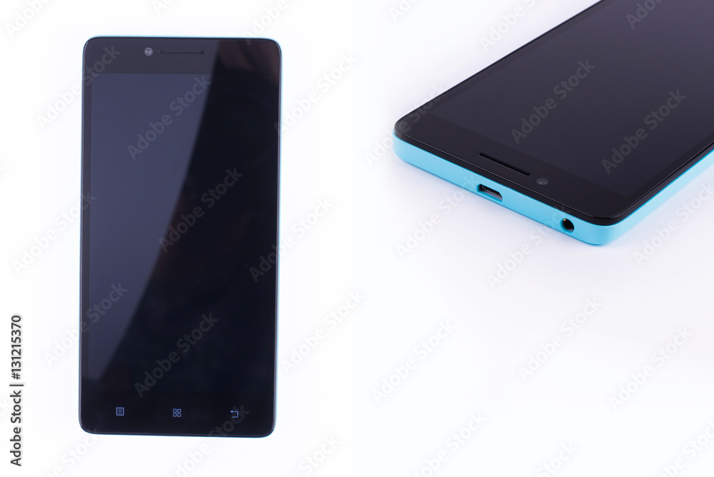 Front view of a rotated at a slight angle blue modern mobile smart ...