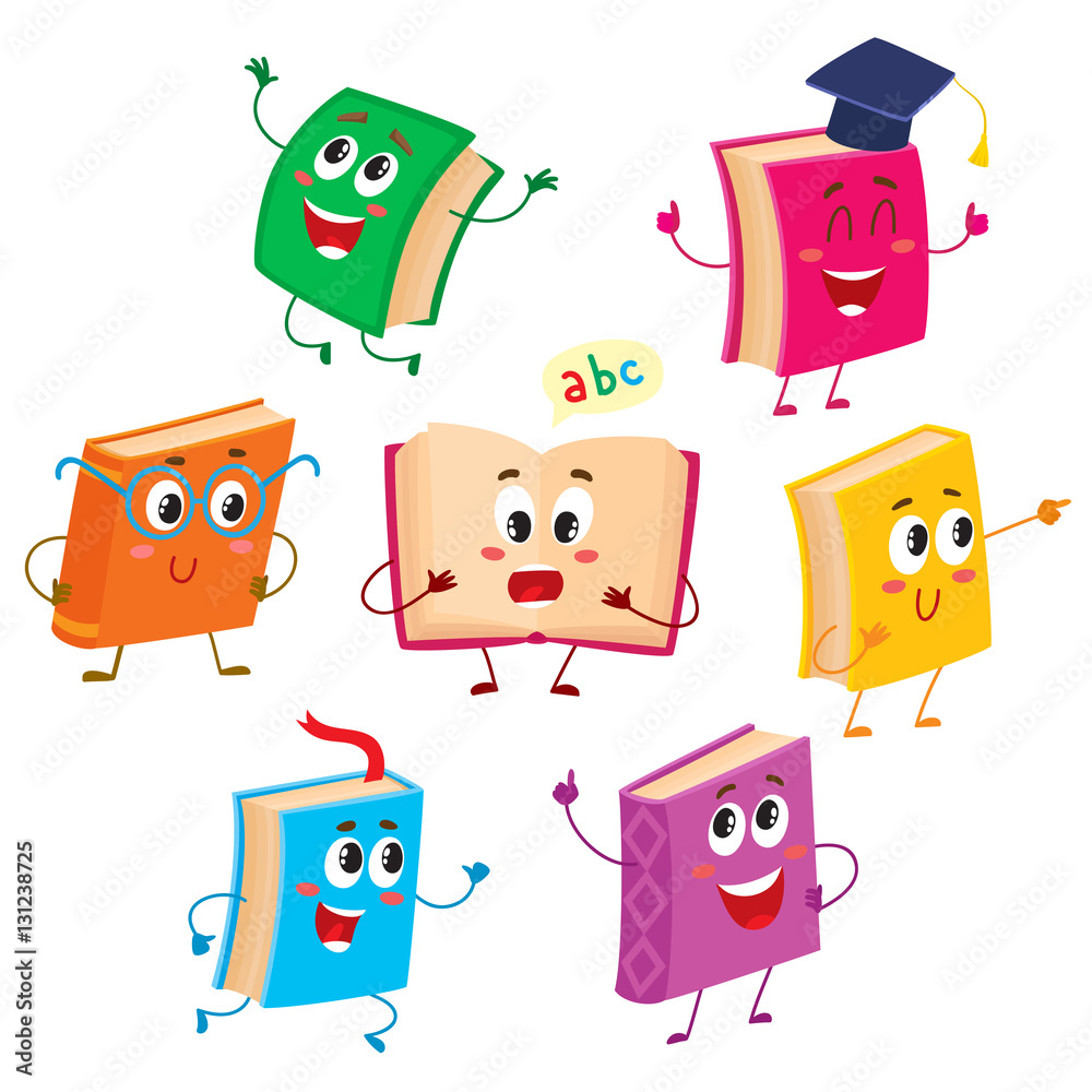 Set of funny book characters, mascots, cartoon vector illustration ...